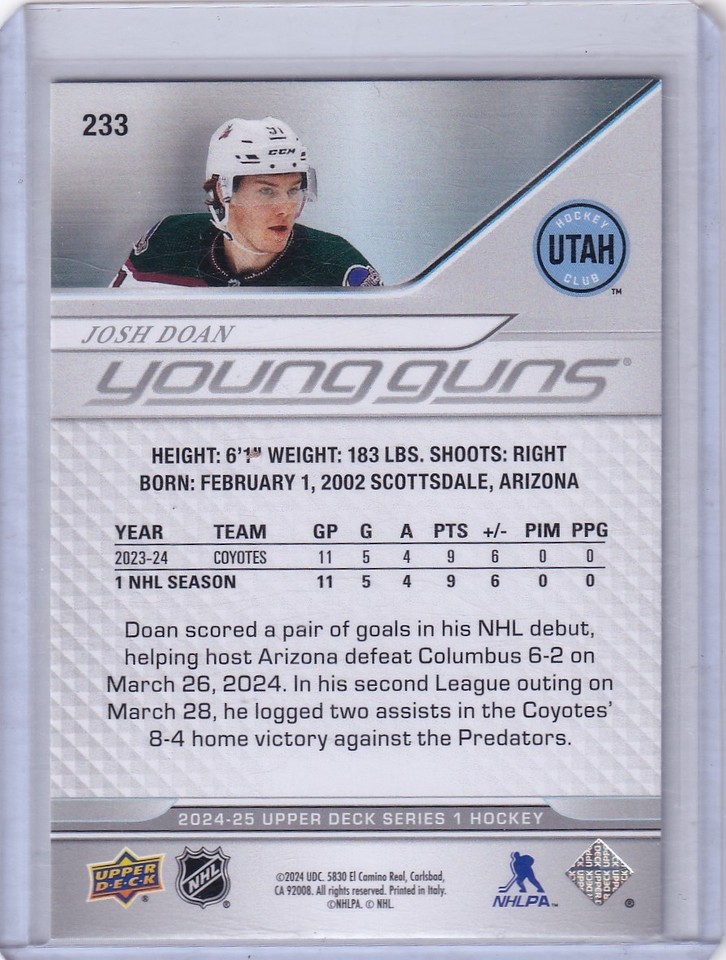 2024-25 Upper Deck Series 1 - Young Guns Josh Doan #233 (RC) | eBay