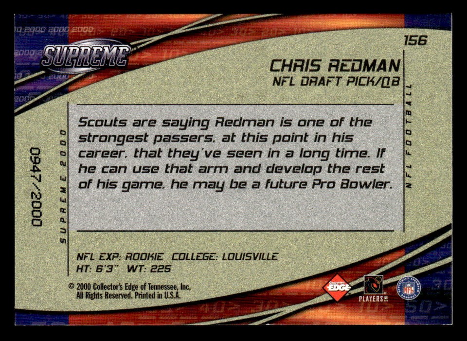 Chris Redman 2000 Collector's Edge Supreme Rookie Card #156 Louisville ...