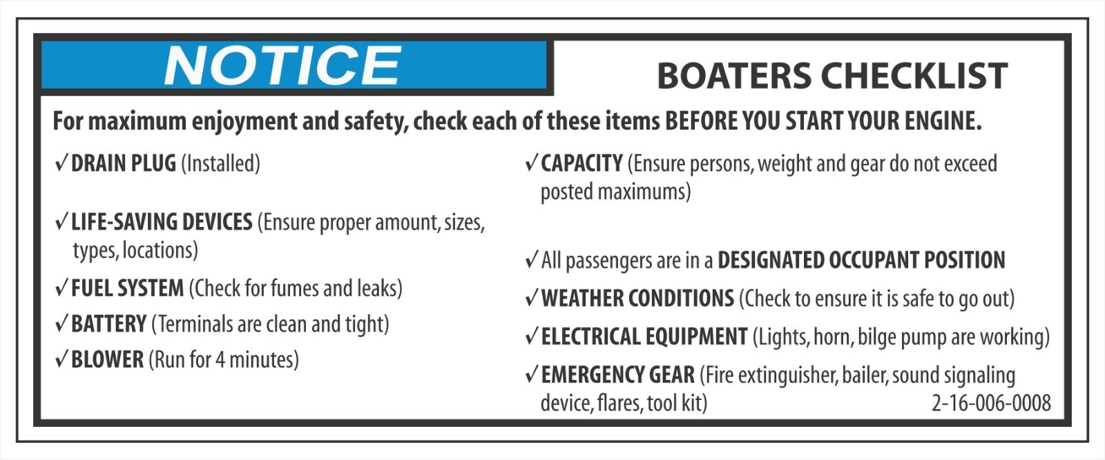 Boaters Checklist Notice Decal Sticker Label Marine Boat Safety FREE ...