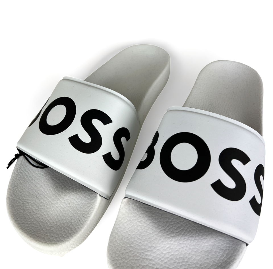 Mens Sliders BOSS White Pool Slides With Logo - Sean Slid Size 10 | eBay UK
