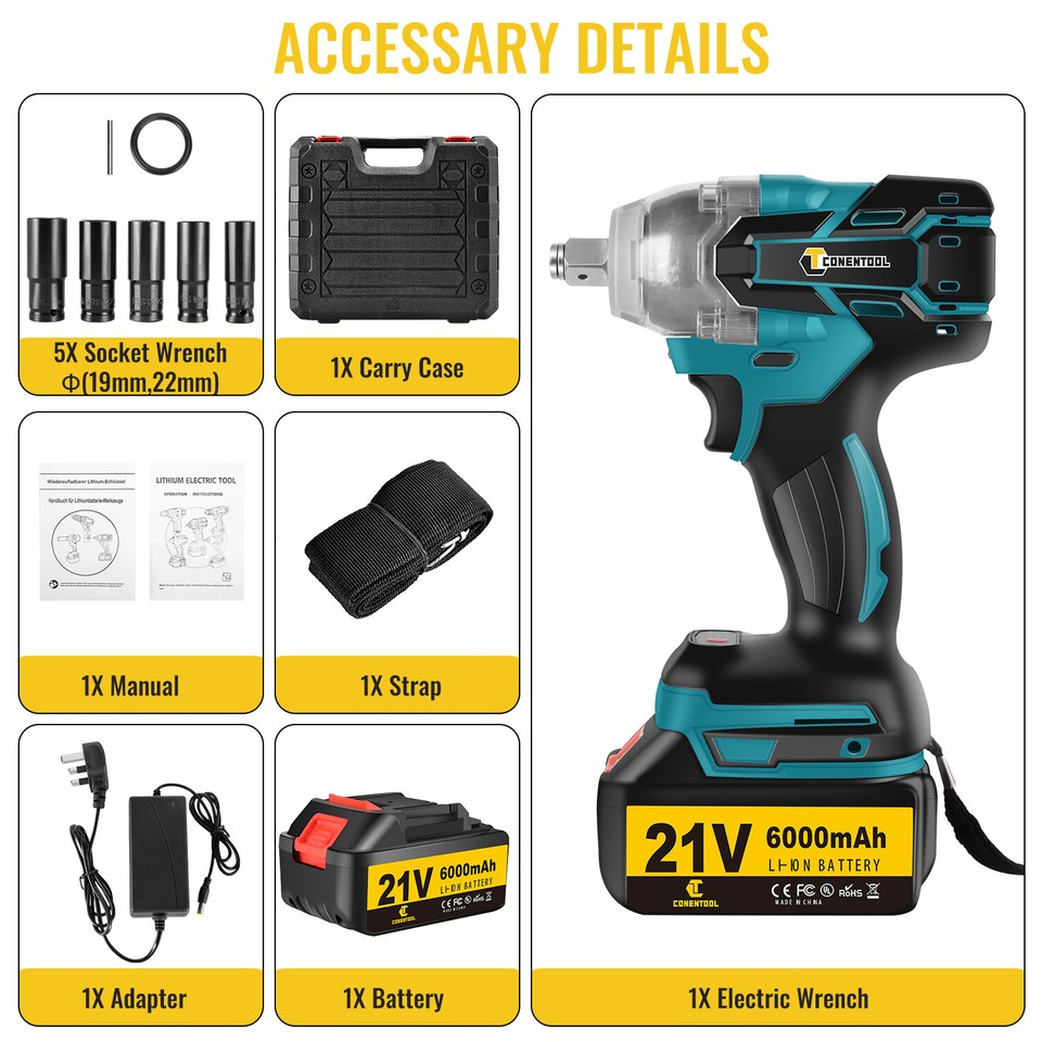 21V Cordless Impact Wrench 1/2"Driver Ratchet Rattle Nut Gun Set Red ...