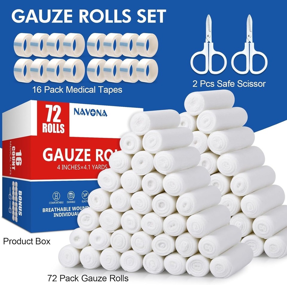 72 Pack Gauze Rolls Cotton 4x4.1 Yards Breathable Mummy Wraps First Aid ...