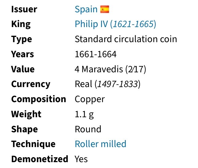 1661-1664 Coin Spanish Empire 4 Maravedis King Philip IV 360 Years Old ...