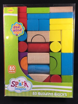 Wooden Building Blocks Set New Sealed Pkg 80 Blocks Children Learning ...