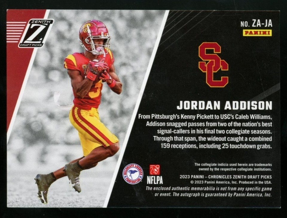 JORDAN ADDISON 2023 Panini Chronicles Zenith Rookie Card RC Auto Patch ...