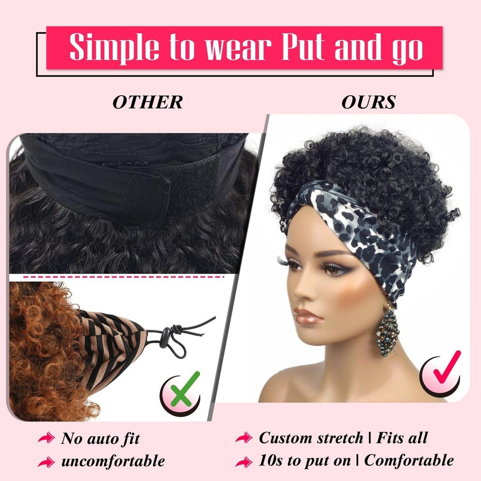 Afro Puff Wig for Black Women - Natural Black Kinky Curly Headband Wig ...