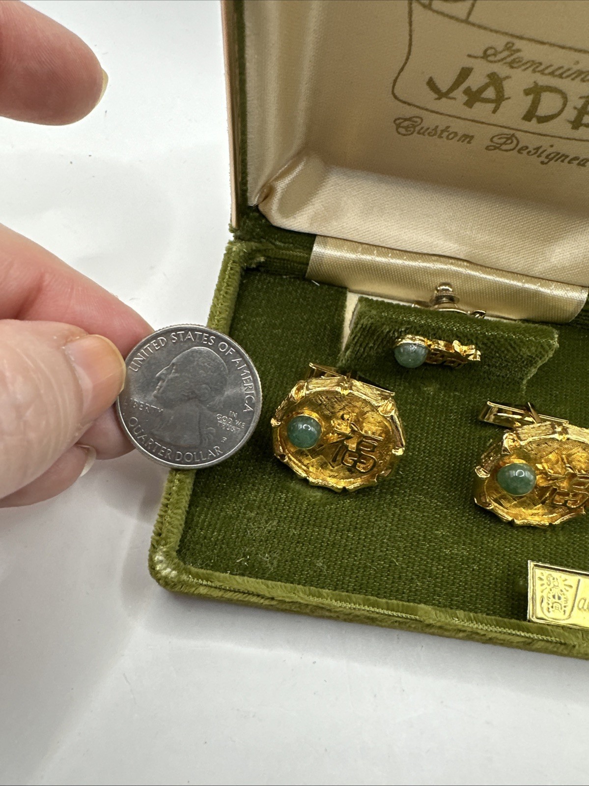 Vintage Genuine Jade Cuff Links & Tie Tack Set Gold Tone Genuine Jade ...