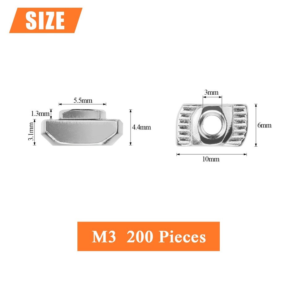 200 Pieces 2020 Series M3 T Nuts, M3 T Slot Nuts for Aluminum Profile ...