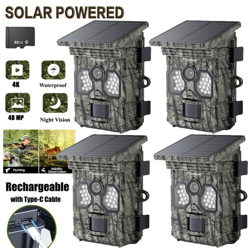 48MP 4K Solar power Trail Camera Wildlife Hunting Game Cam Night Vision ...
