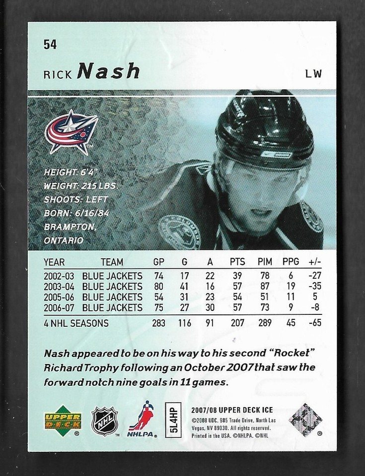 RICK NASH 2008-09 UPPER DECK HOCKEY ICE INSERT #54 NHL STAR | eBay