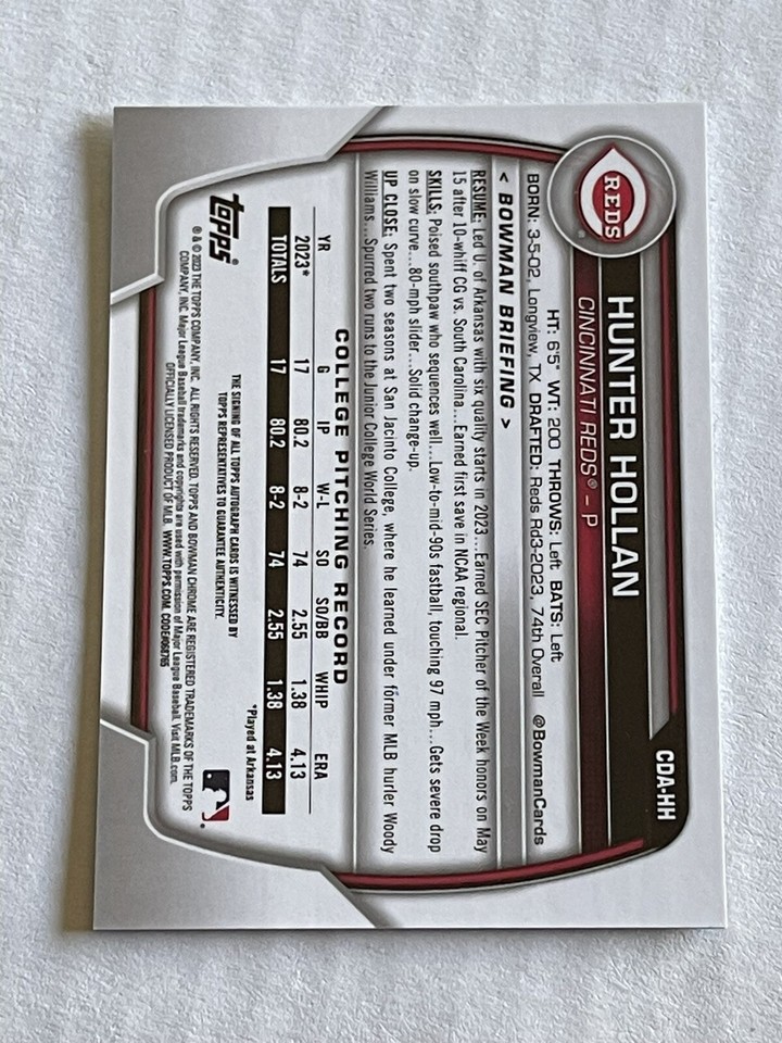 Hunter Hollan 2023 Bowman Chrome Draft 1st Auto #CDA-HH Reds Autograph ...