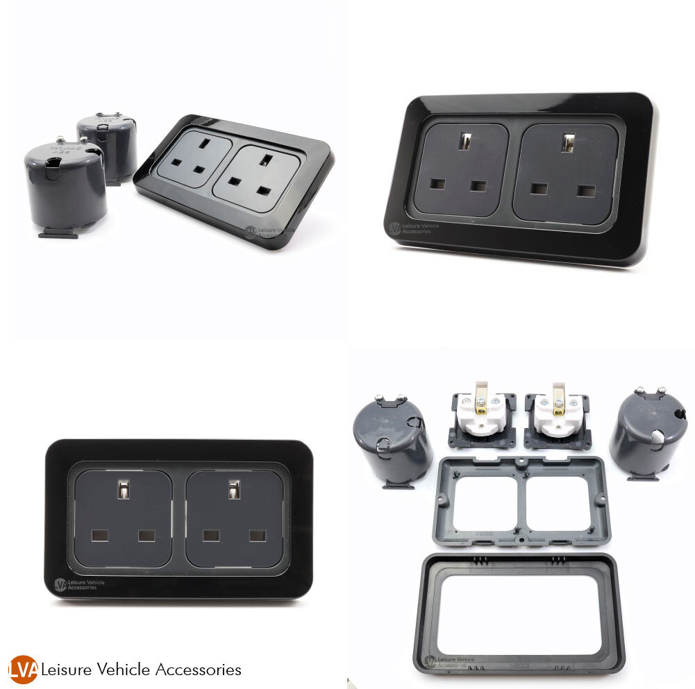 C-Line 240v Double Mains 13amp Socket w/ Backbox Gloss Black Caravan ...