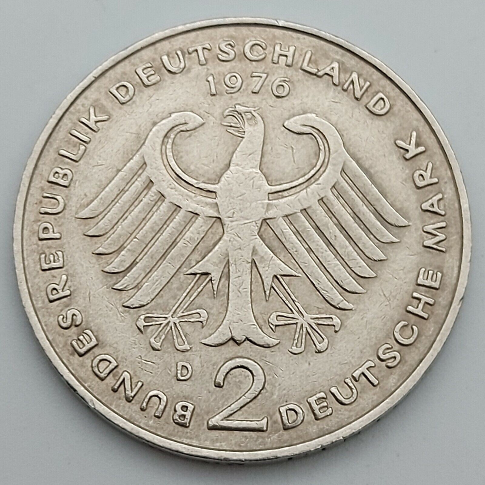 2 Deutsche Mark 1976. Theodor Heuss, Germany vintage coin 2 DEM 1976 ...