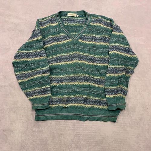 Vintage Knitted Jumper abstract patterned v-neck grandad knit sweater ...