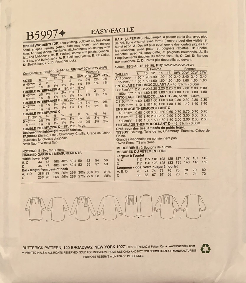 Butterick 5997 Loose Tunic Top High-Low Hem Pattern US Size 10-18; UK 8 ...