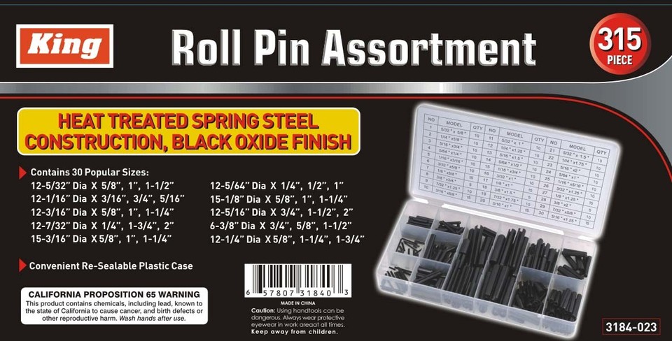 315 Pcs Roll Pin Assortment Set w/ case Roll Pin Parts NEW Tools 30 ...