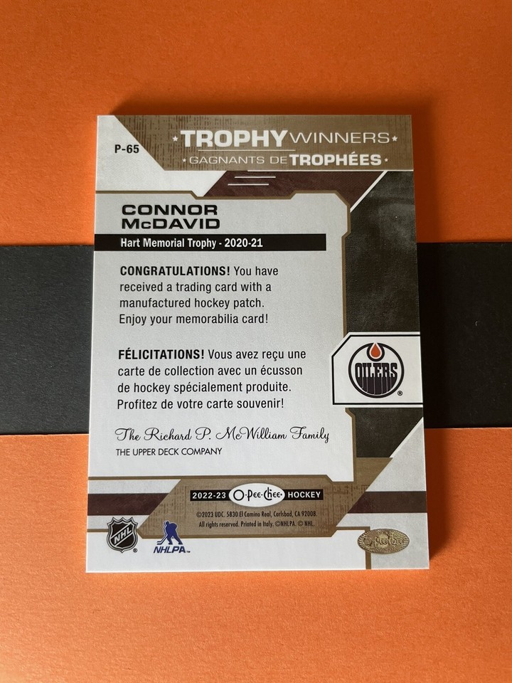2022-23 OPC Hart Memorial Trophy Winners Patch (2020-21) #P-65 Connor ...