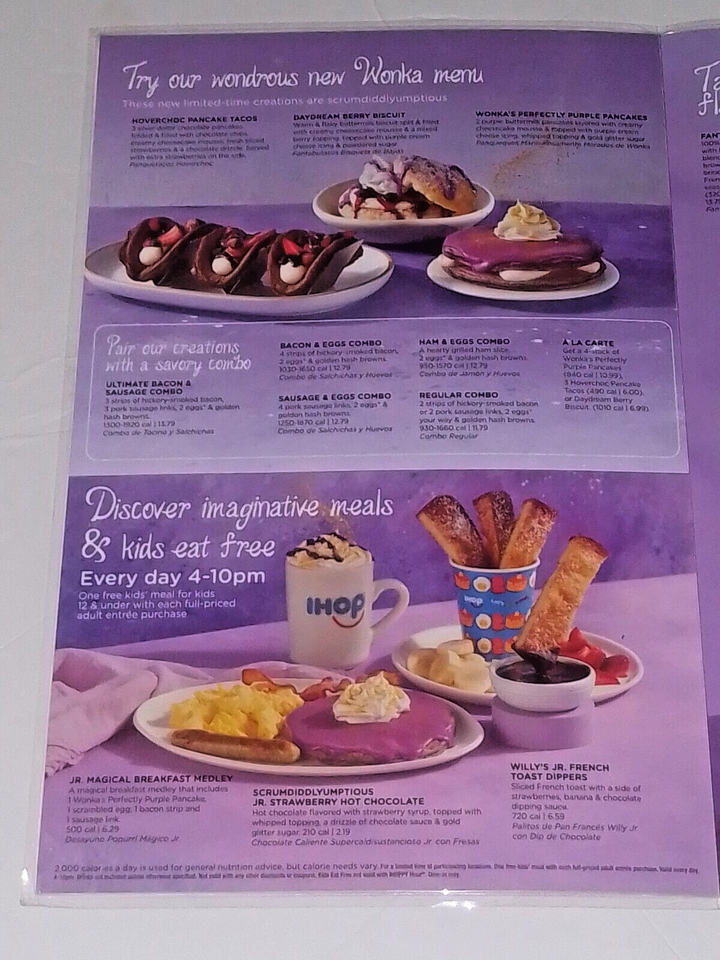 IHOP Restaurant Special Edition WONKA Movie Pancakes Purple Menu Start ...
