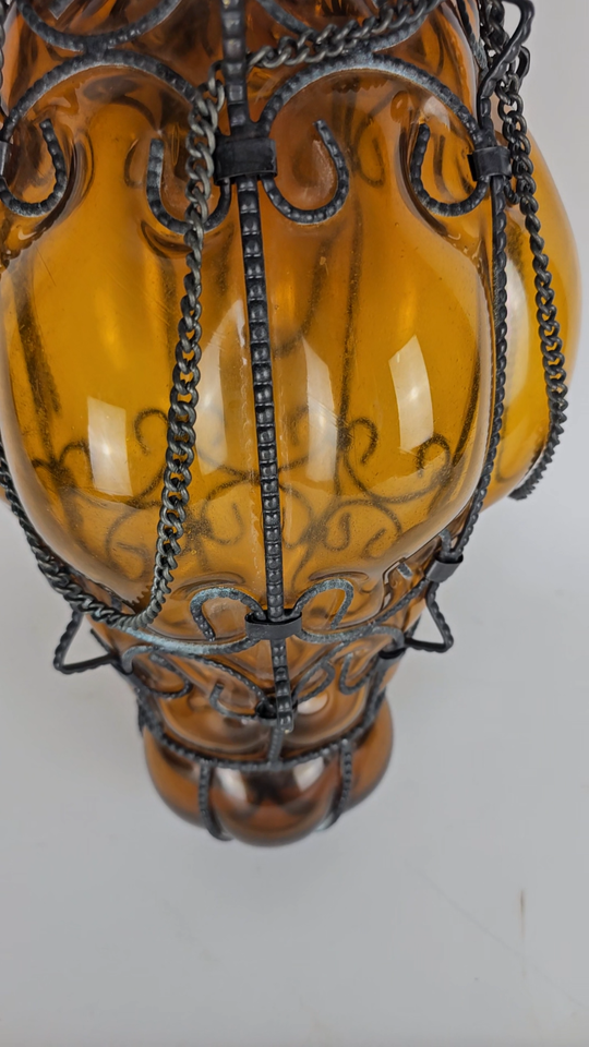 Vintage Italian Murano Seguso Amber Glass Hanging Lantern Wrought Iron ...
