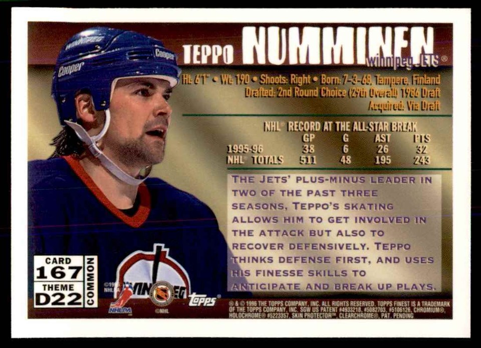 1996-97 FINEST WITH COATING TEPPO NUMMINEN WINNIPEG JETS #167 | eBay