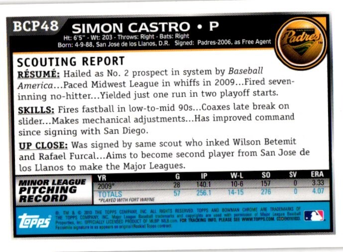 2010 Bowman Chrome Prospects #BCP48 Simon Castro | eBay
