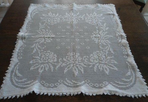 Vintage Nottingham Lace Tablecloth Topper Fringe Edge Cotton Ivory ...