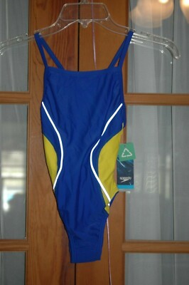 NWT Speedo Youth Powerflex Eco One Piece Blue/Yellow Swimsuit Sz 8 / 24 ...