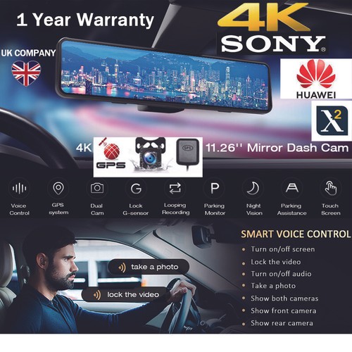 12''SONY 4K R-H Lens GPS Mirror Car Dash Cam Touch Screen Dual Front ...
