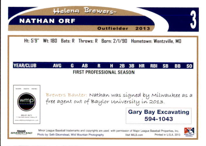 2013 Helena Brewers Grandstand #22 Nathan Orf Wentzville Missouri ...