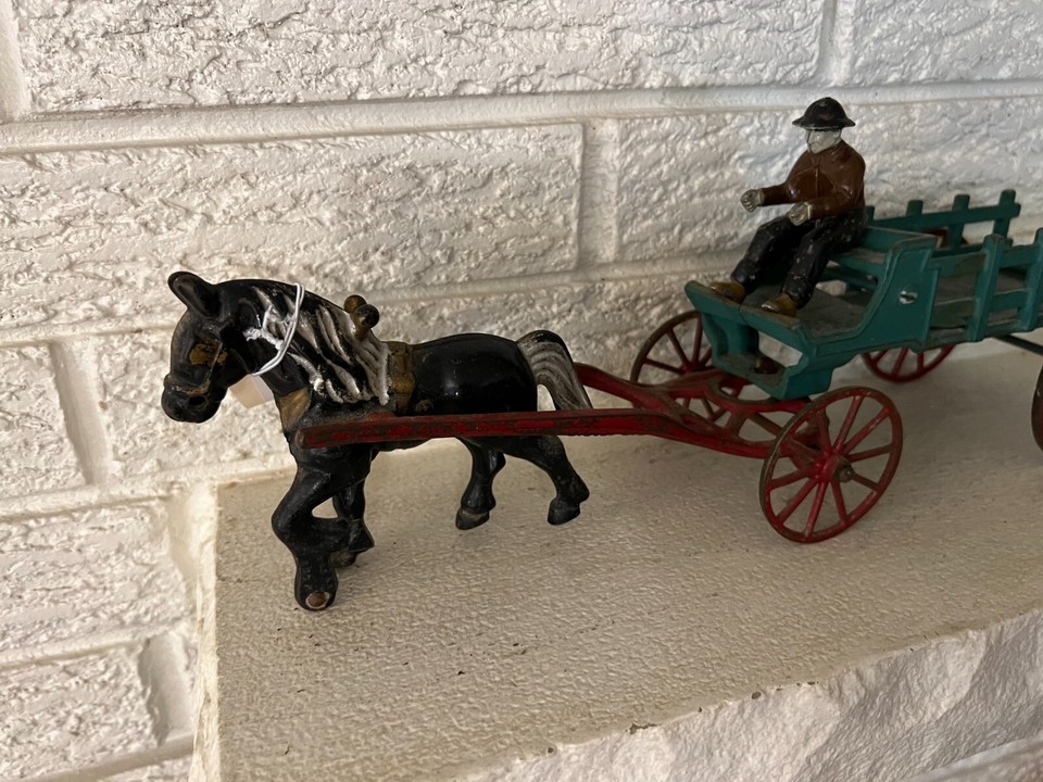 Antique Kenton Cast Iron Horse Drawn Stake Dray Wagon cart w/ Driver ...
