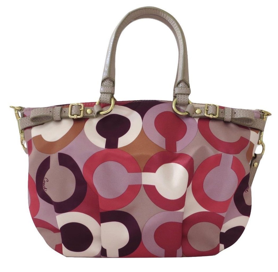 New NWT Coach Sophia Cherry Pink Khaki Signature Shoulder Satchel Purse ...