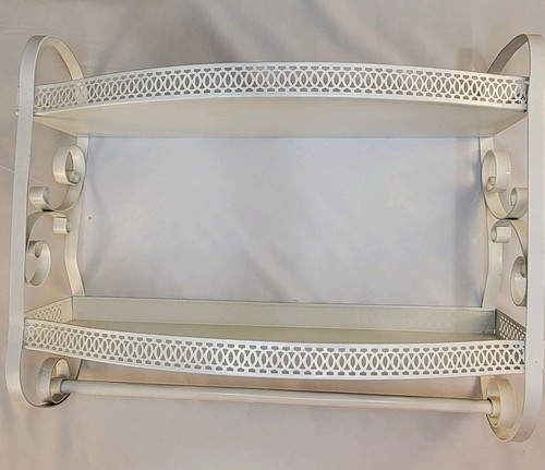 Vtg White MCM 2 Tier Metal Wall Shelf with Towel Bar Scrolls Bathroom ...