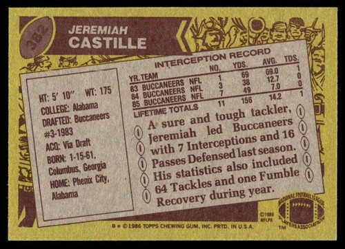 Jeremiah Castille RC 1986 Topps #382 Tampa Bay Buccaneers 32887 ...