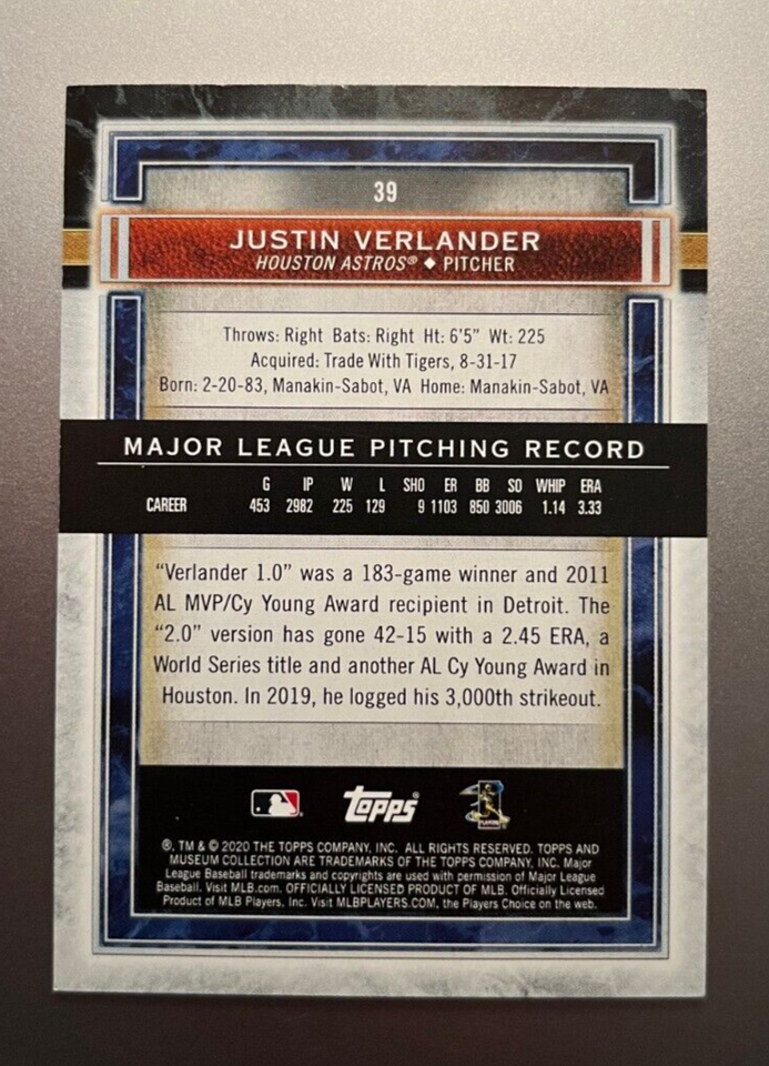JUSTIN VERLANDER HOUSTON ASTROS 2020 TOPPS MUSEUM COLLECTION COPPER ...