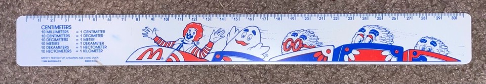 1986 McDONALD’S RONALD McDONALD & FRIENDS ROLLER COASTER RULER INCHES ...