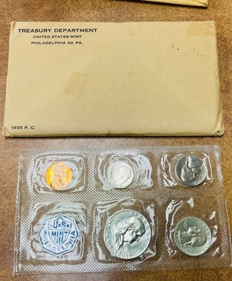 1955 U.S. Silver Proof Set of 5 Coins original government envelope flat ...