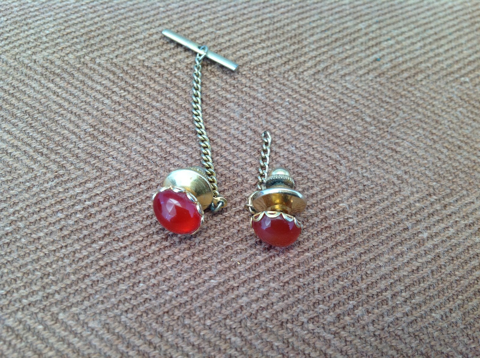 2 Red Stone Tie Tacks - Gem