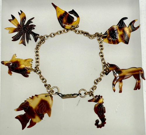 VINTAGE FAUX TORTOISE SHELL CELLULOID CHARM FISH HORSE PALM TRANSLUCENT ...
