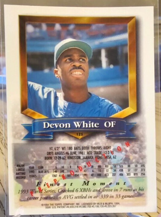 1994 Topps Finest Preproduction Sample Devon White #125 Toronto Blue ...