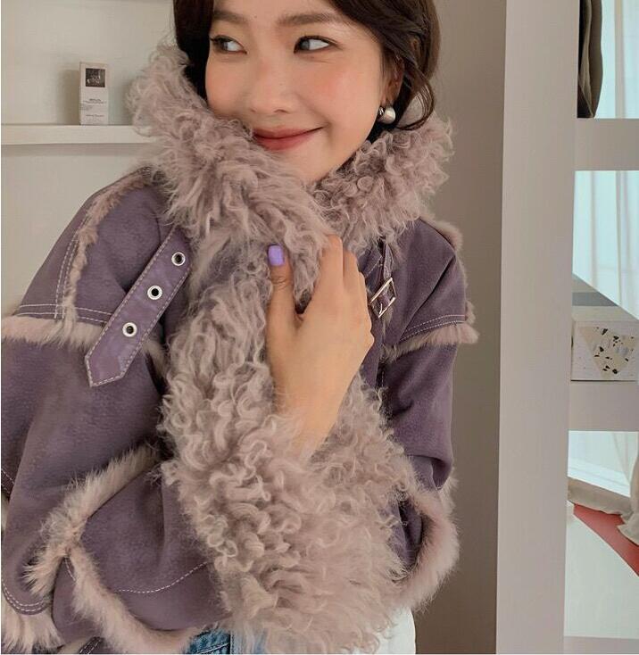 Rabbit Fur Coat Women's Short Biker Jacket Lamb Fur Collar Punk Leather ...