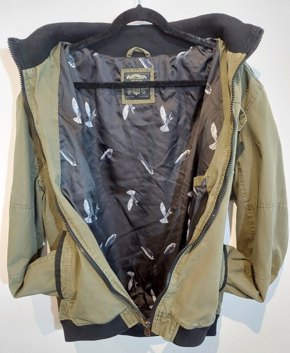 Xios New York Men's XXL GREEN DenimCotton Bomber Coat jacket bird print ...