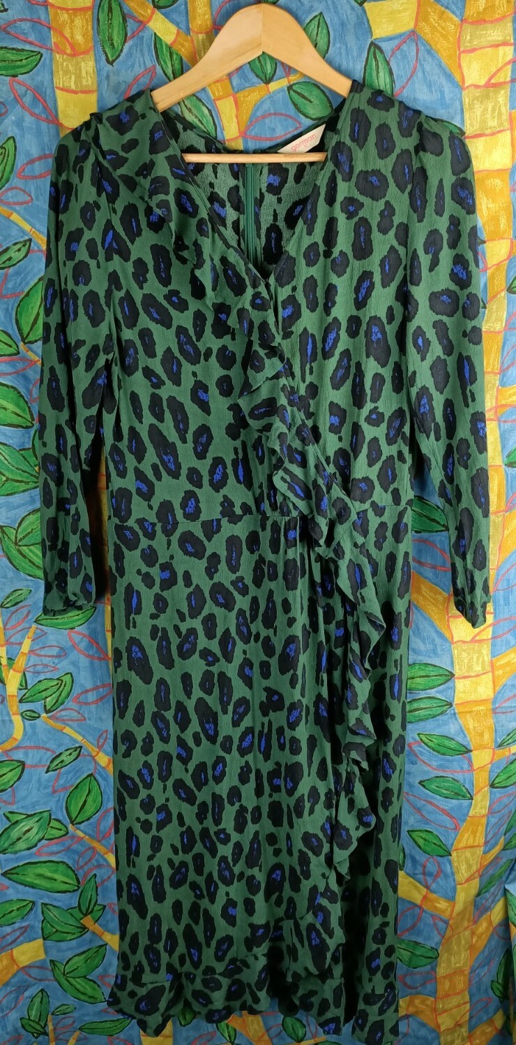 Gorman Dress 10 Midi Fixed Wrap Green Blue Leopard Animal Print 3/4 ...