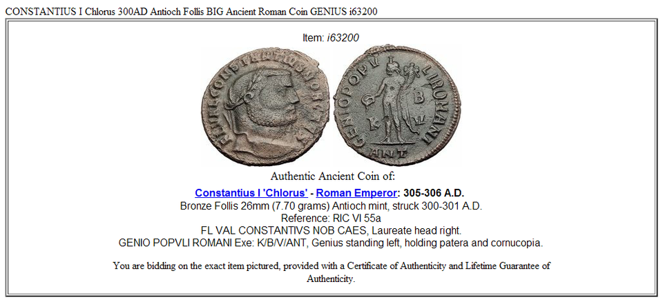 CONSTANTIUS I Chlorus 300AD Antioch Follis BIG Ancient Roman Coin ...