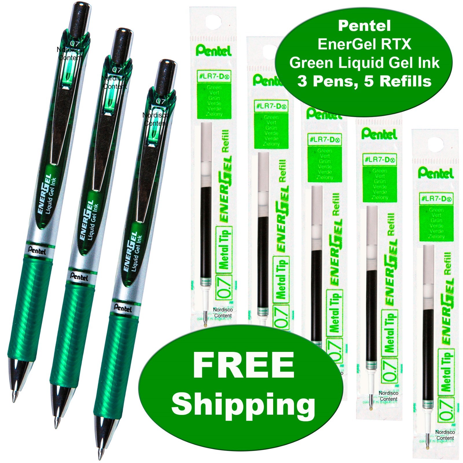 Pentel EnerGel RTX Green Liquid Gel Ink, 0.7mm, 3 Pens with 5 Packs of ...