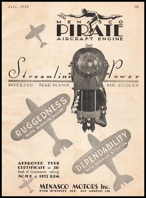 1930 Menasco Motors Inc. Los Angeles CA Pirate Aircraft Engines Vintage ...
