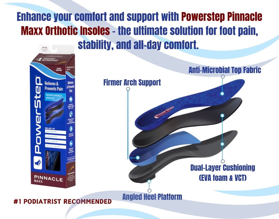 PowerStep Pinnacle Maxx Full Length Orthotic Insoles - Enhanced Arch ...