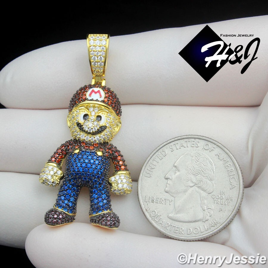 925 STERLING SILVER ICY CZ GOLD PLATED/SILVER HIPHOP 3D SUPER MARIO ...