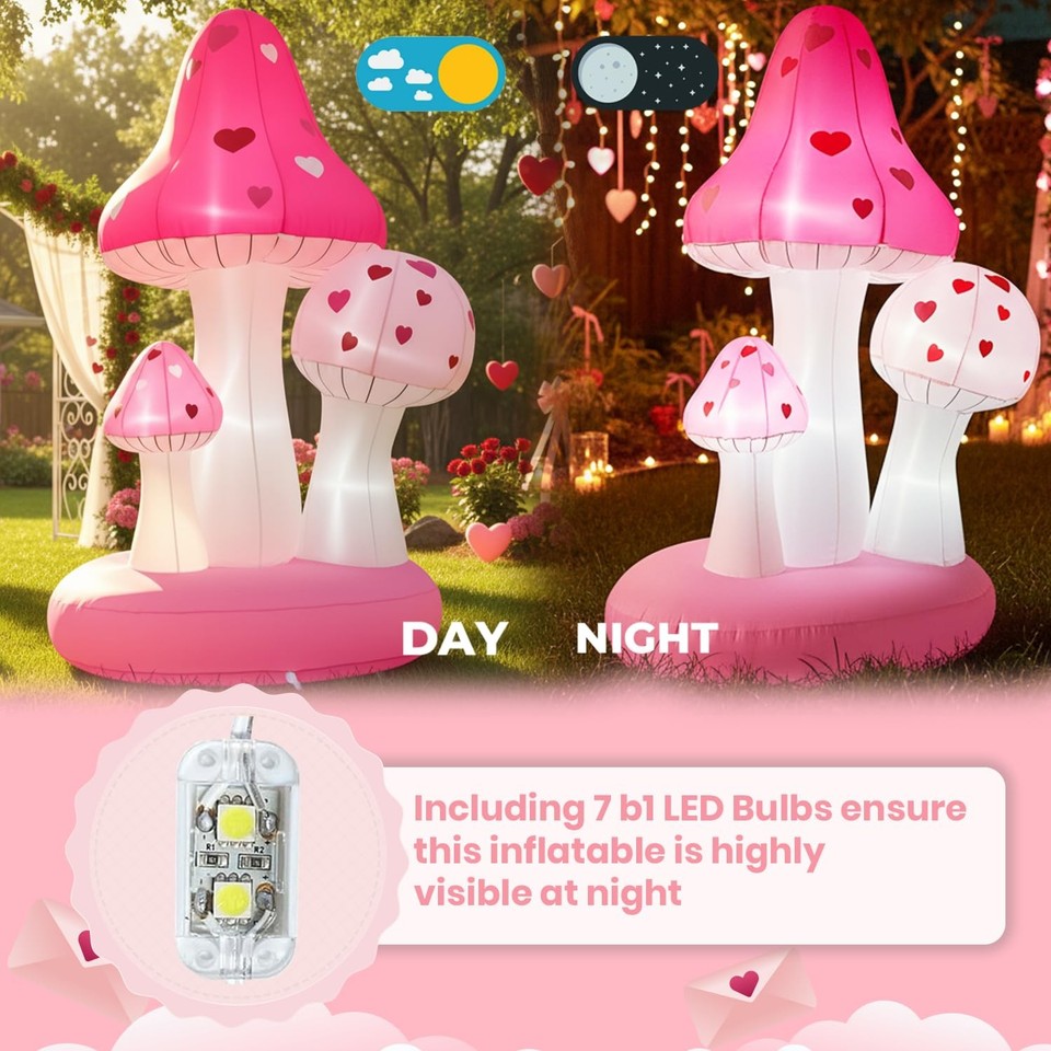 6FT Valentine Inflatable Pink Mushroom with Heart LED Blow Up Yard ...