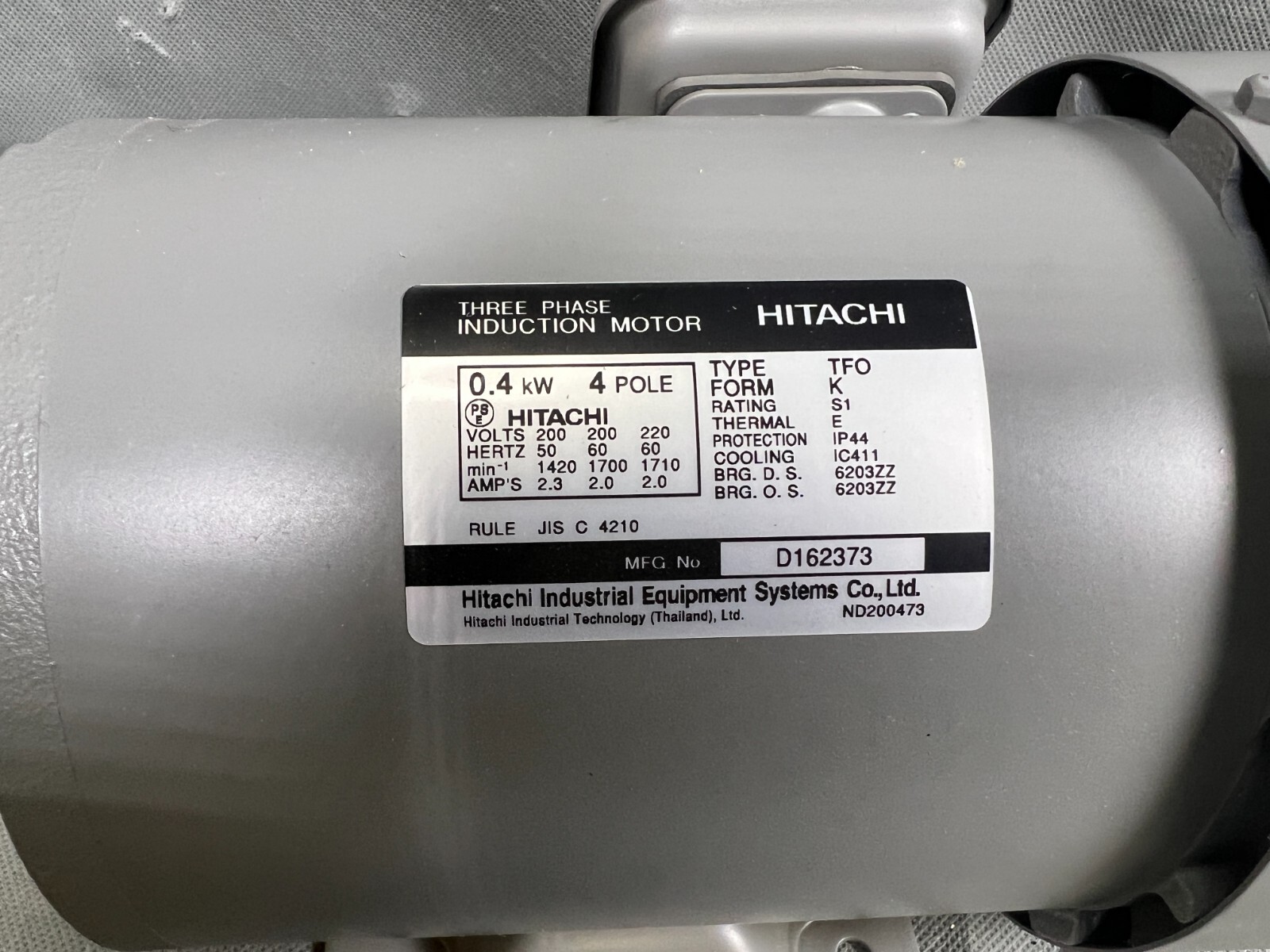 Hitachi D162373, Three Phase Induction Motor, 0.4 kW, 4 Pole, 200/220 V ...