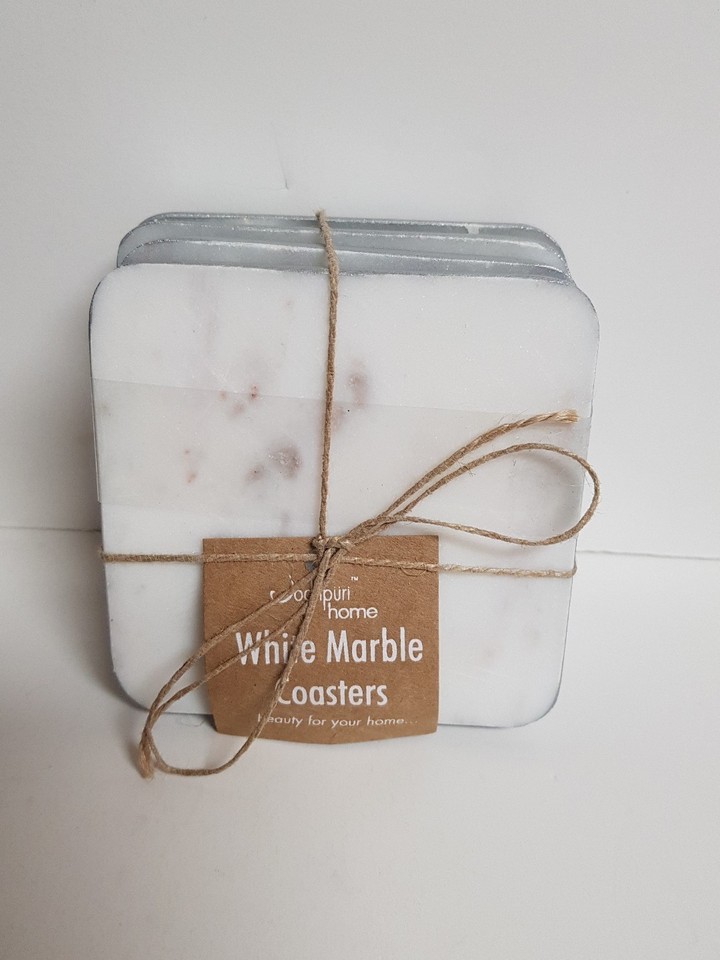 4 PIECE REAL WHITE WITH SILVER EDGES MARBLE NATURAL STONE SQUARE ...